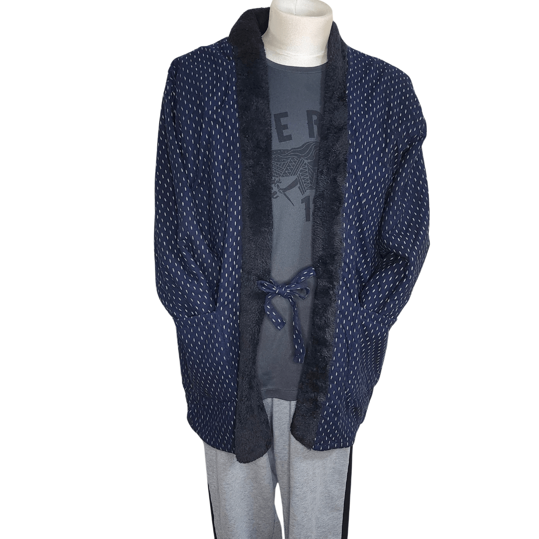 Traditional Japanese Hanten coat (unisex) - boa fleece lined Navy white ...