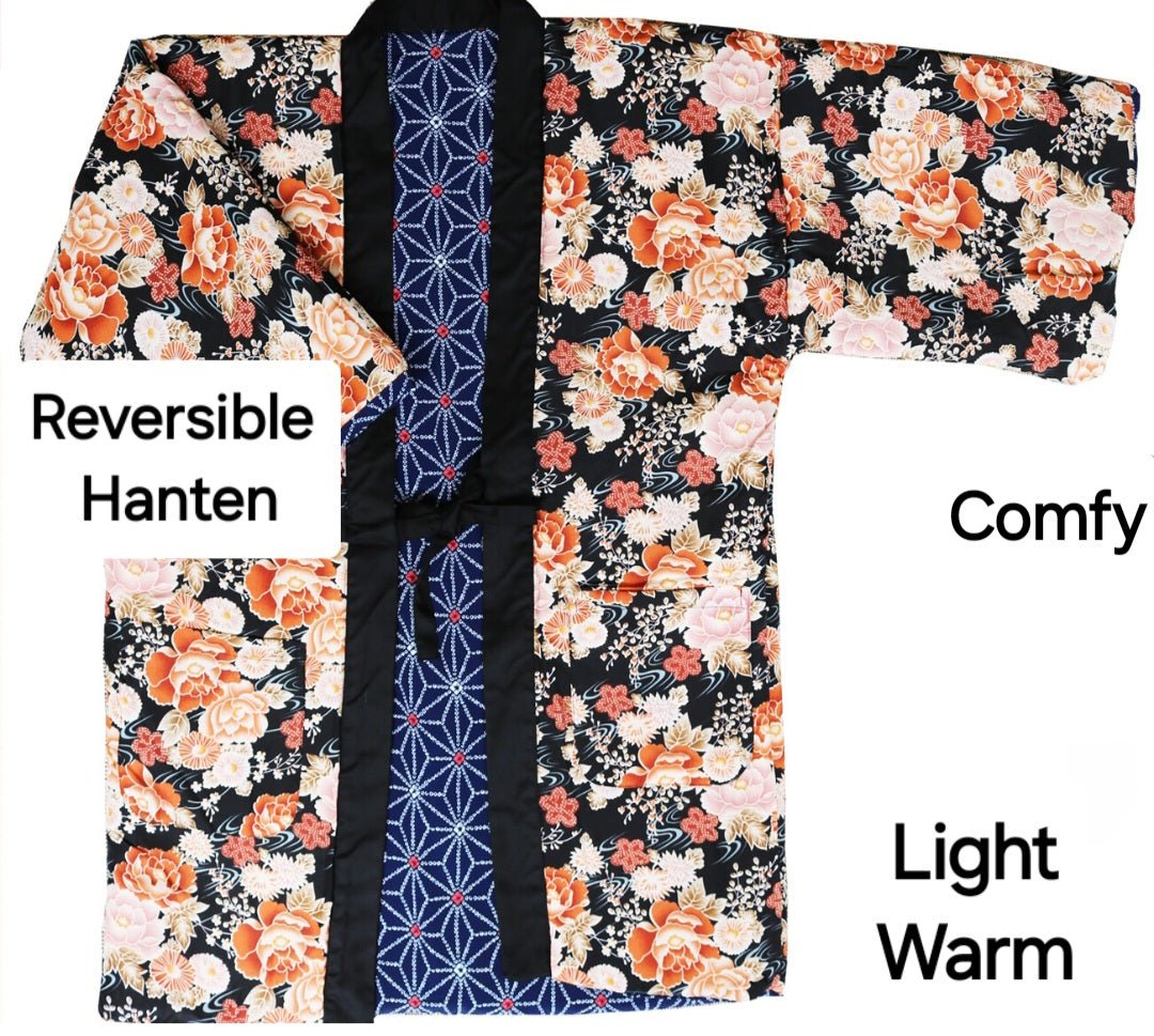 Traditional Japanese reversible Hanten coat - Floral print and blue as ...