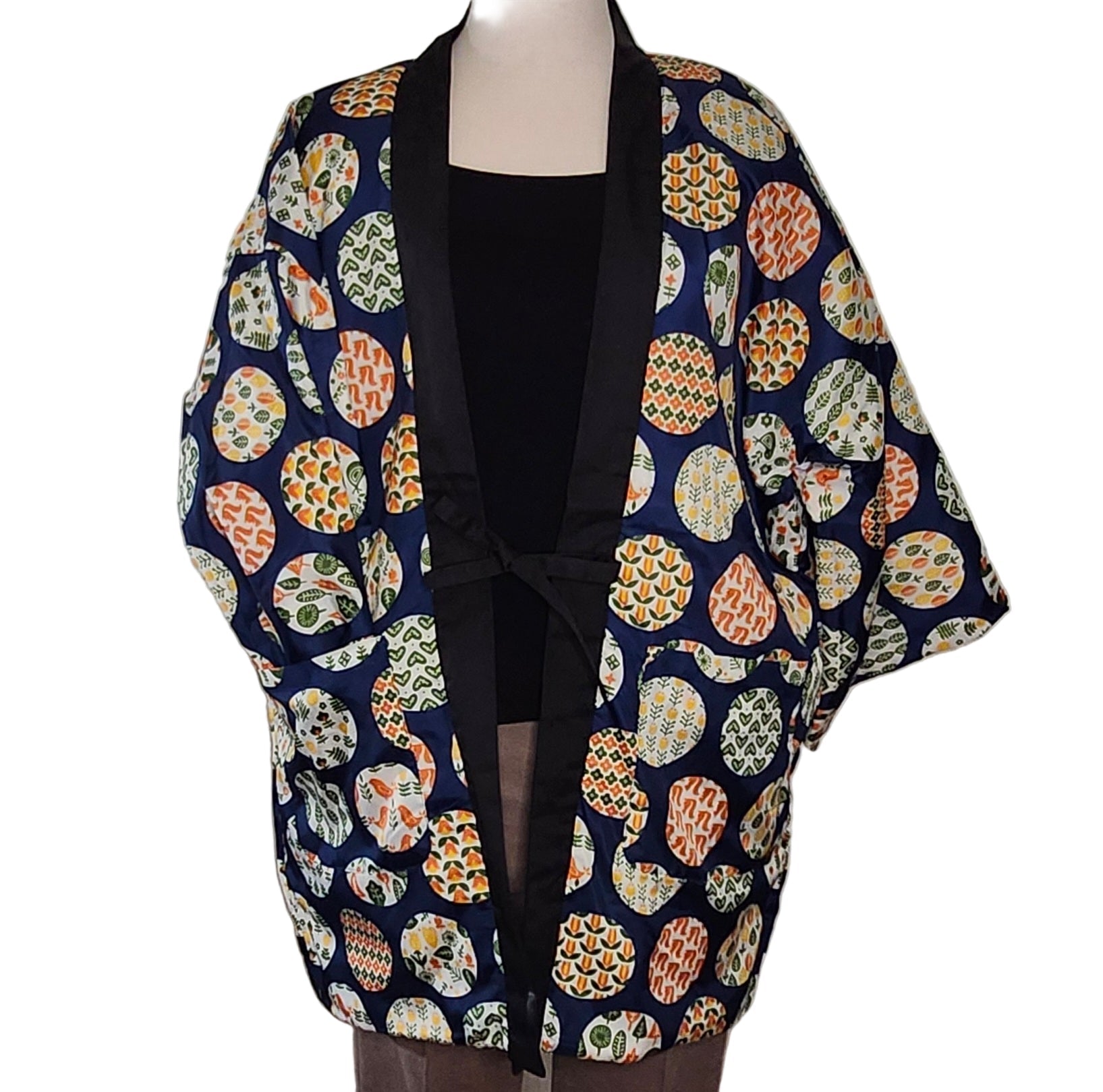 Traditional Japanese reversible Hanten coat - Navy circular and pink ...