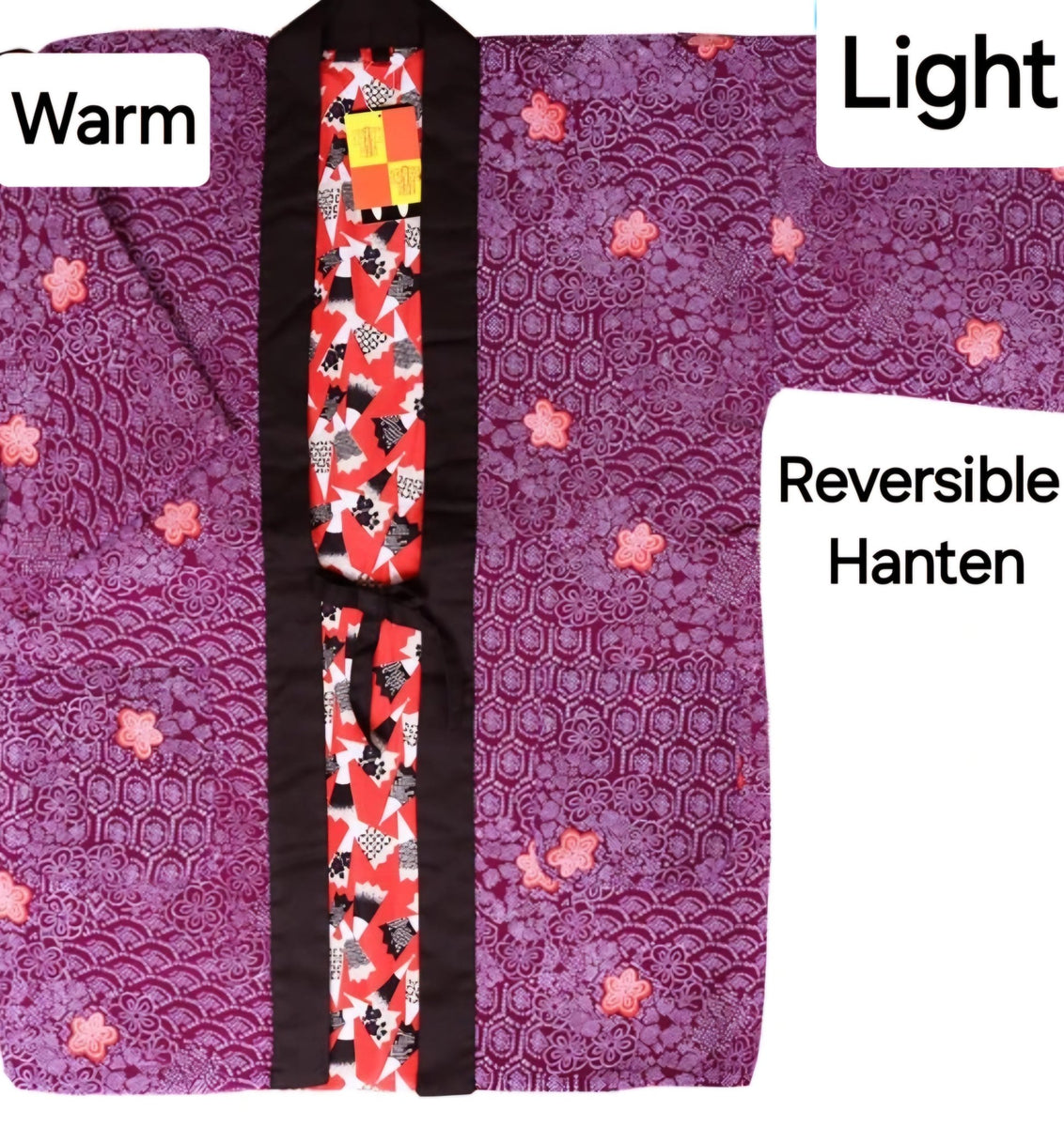 Traditional Japanese reversible Hanten coat - shibori and fans print ...
