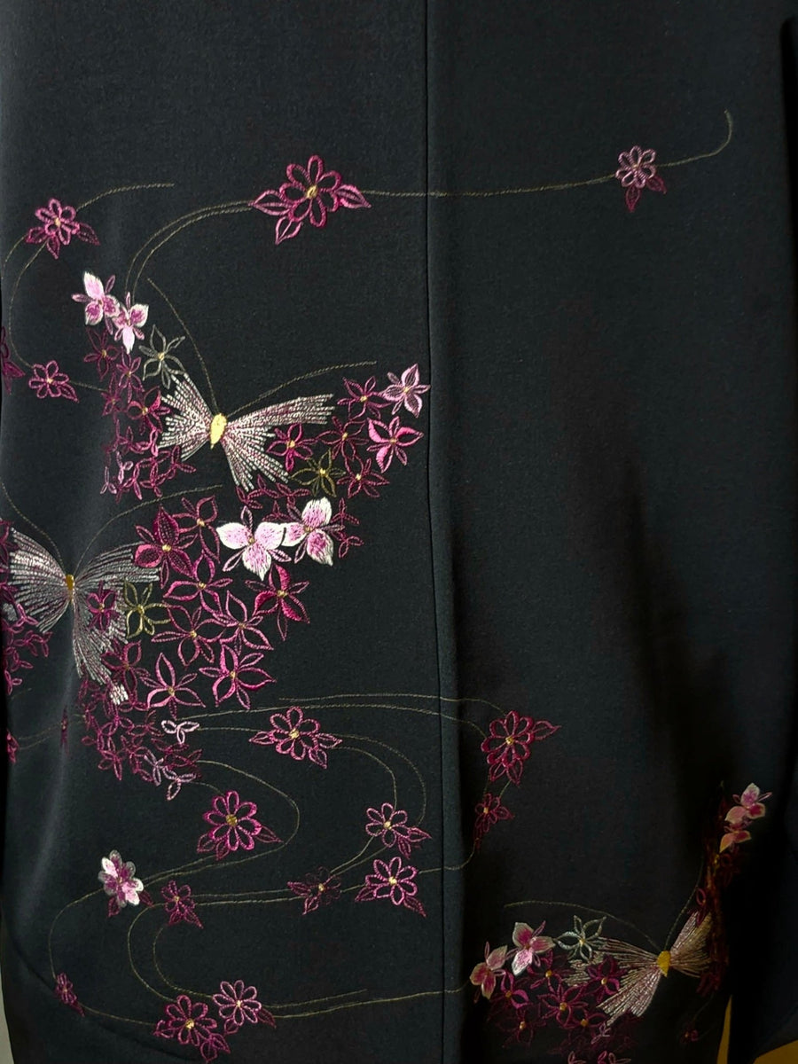 Vintage Traditional Haori Coat - black with embroidered butterflies ...