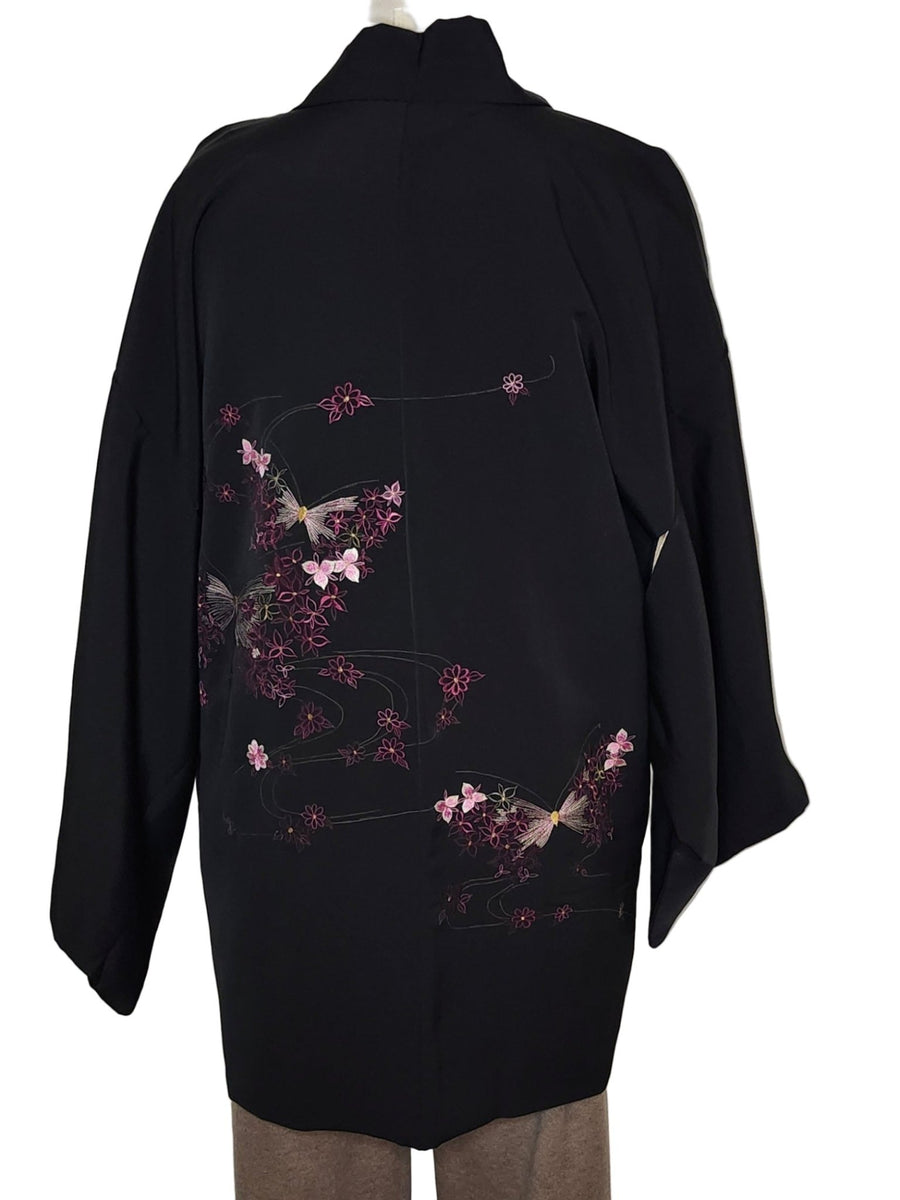 Vintage Traditional Haori Coat - black with embroidered butterflies ...