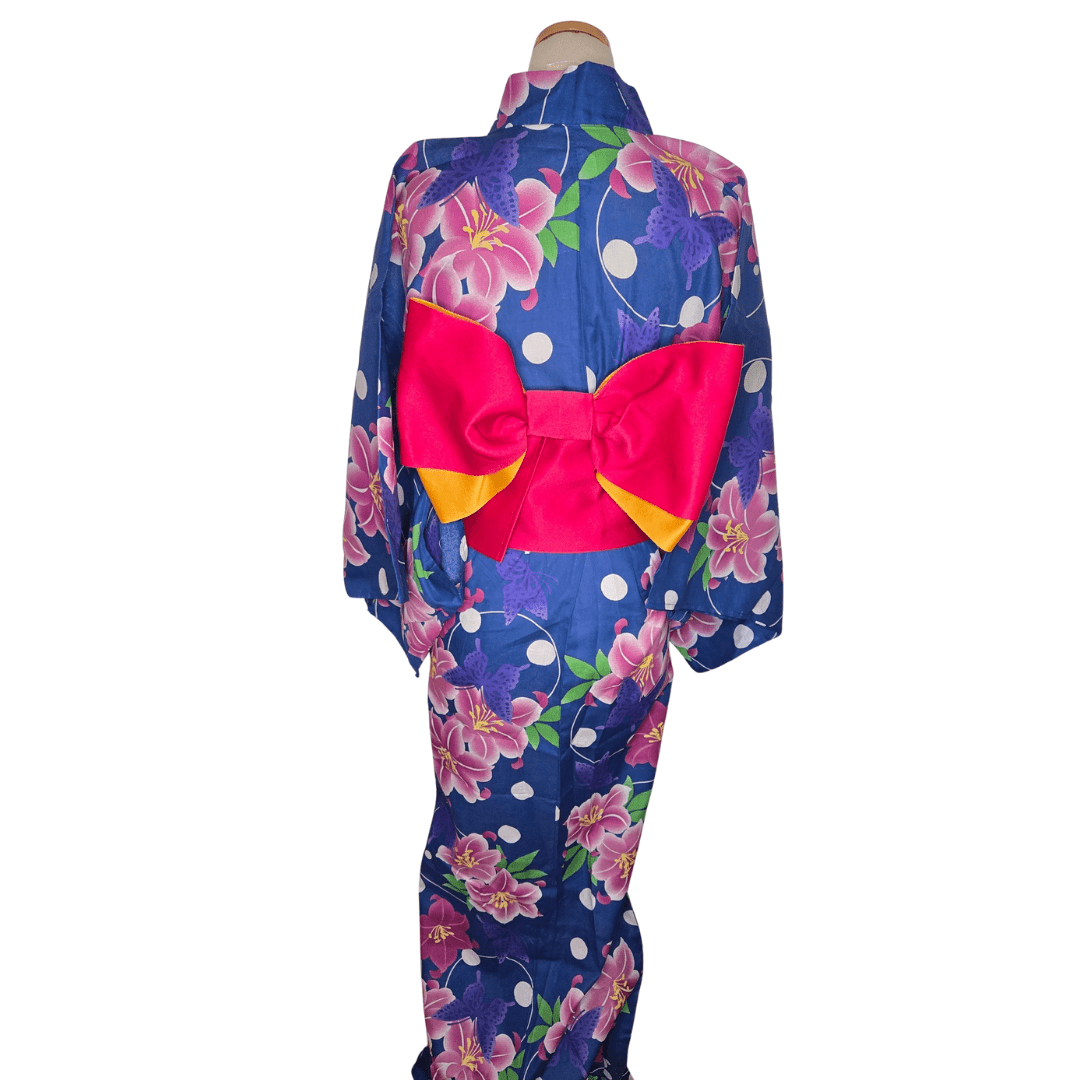 Women's Yukata - blue with purple butterflies and pink flower print ...