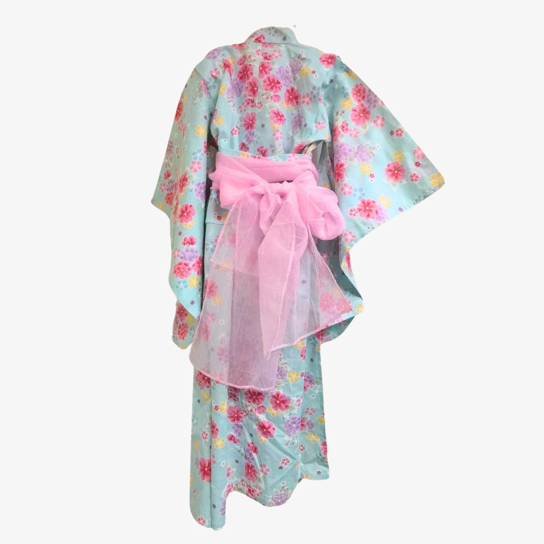 Yukata Girls - Light blue with pink & purple floral design | Pac West Kimono