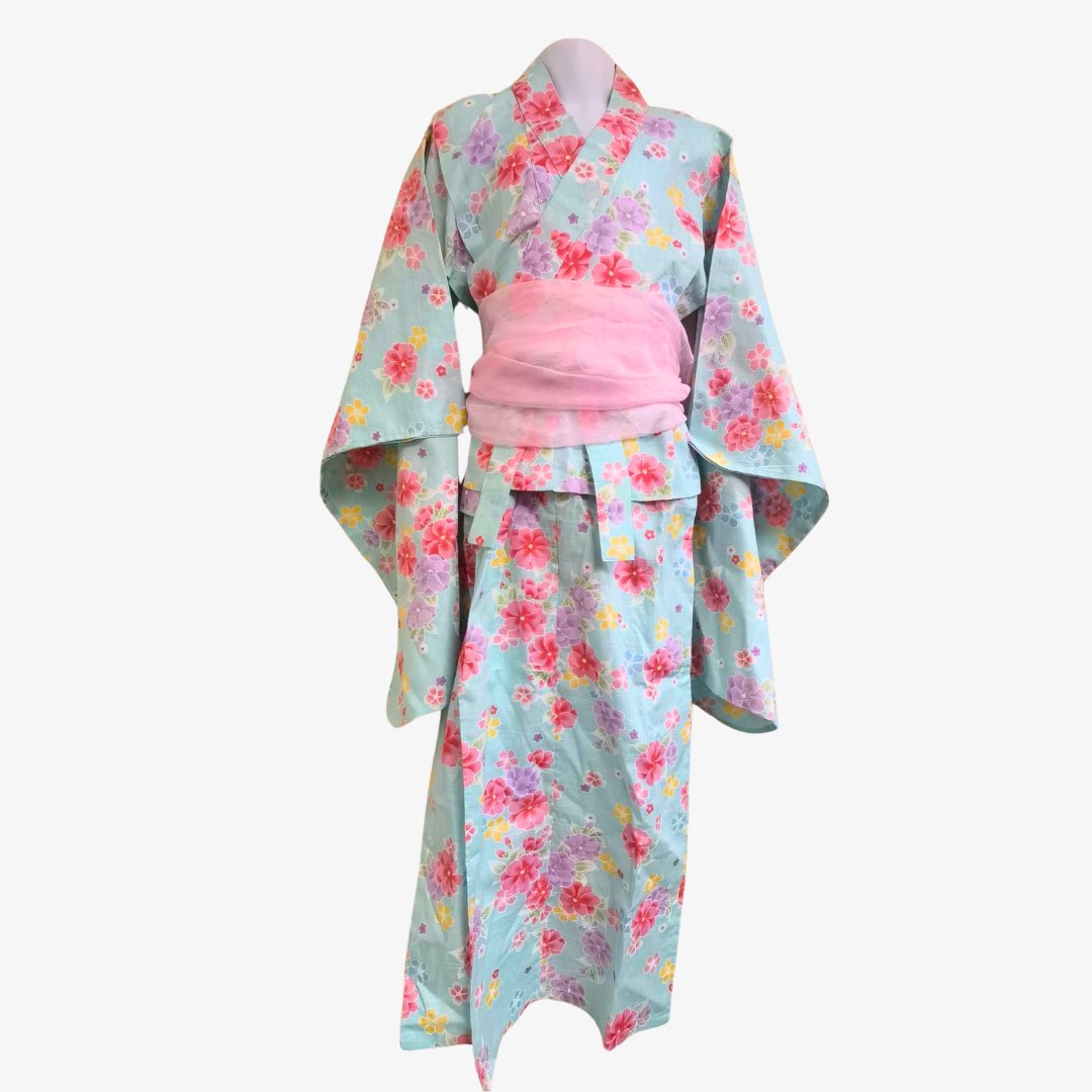 Yukata Girls - Light blue with pink & purple floral design | Pac West Kimono