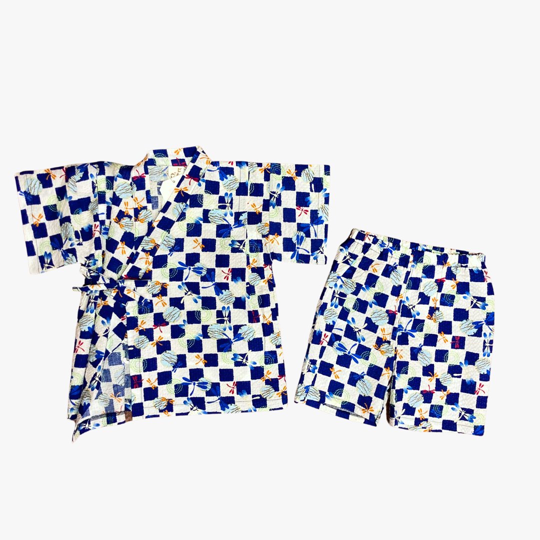Boys 2pc Jinbei - Navy blue checkered with dragonfly print | Pac West ...