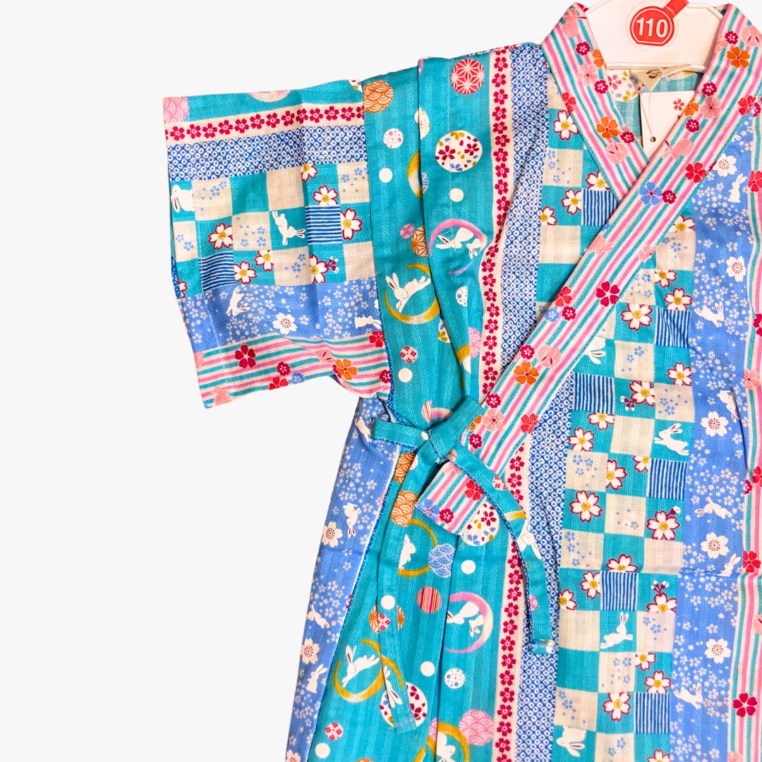 Girls 2pc Jinbei - Blue with sakura and bunny print | Pac West Kimono