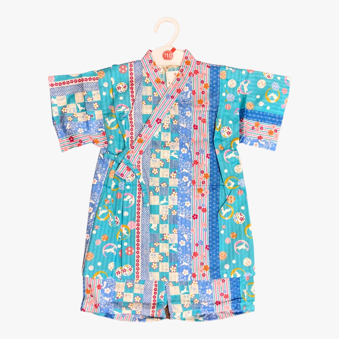 Girls 2pc Jinbei - Blue with sakura and bunny print | Pac West Kimono