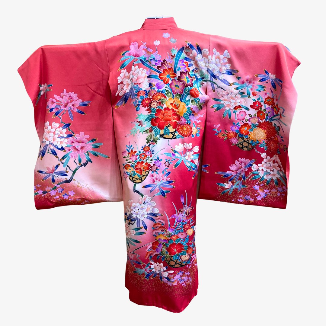 Girls Authentic Vintage Kimono - Pink with intricate floral designs ...