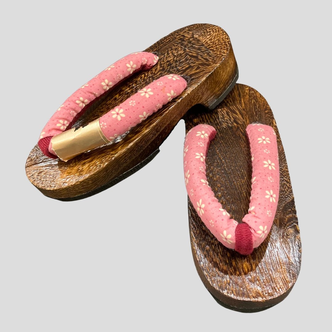 Kid's Wooden Geta Sandals - Pink with white floral print | Pac West Kimono