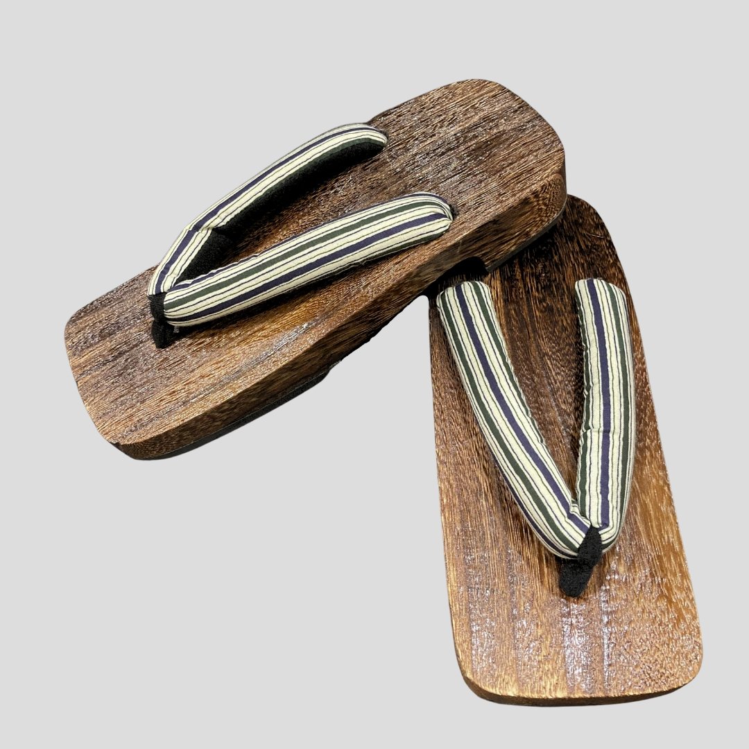 Mens Geta Sandals - Navy blue, green and white stripes | Pac West Kimono