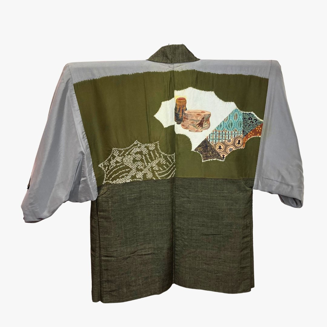 Mens Reversible Vintage Haori Coat - Dark green with pottery design ...