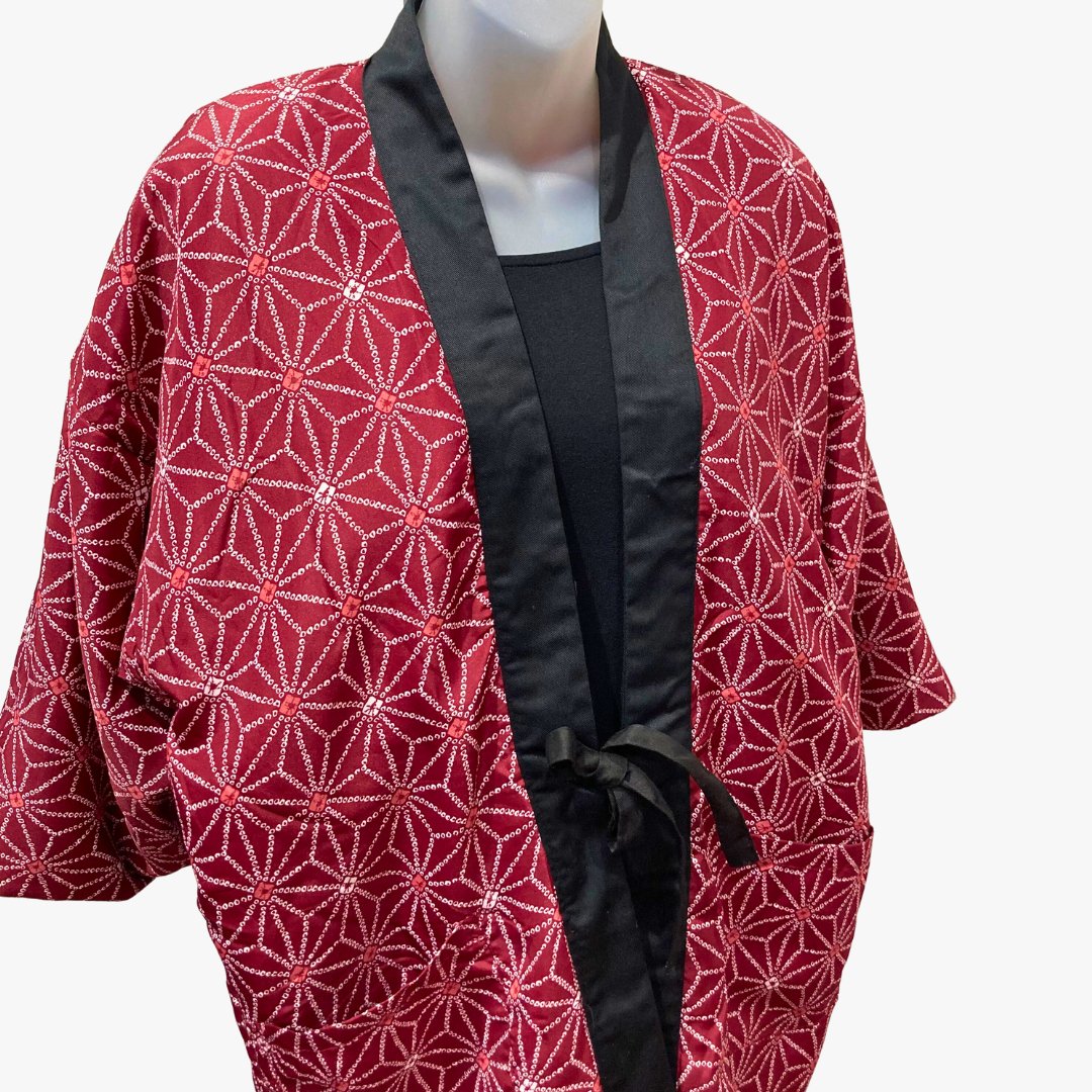 Traditional Japanese reversible Hanten coat - Maroon geometrical ...