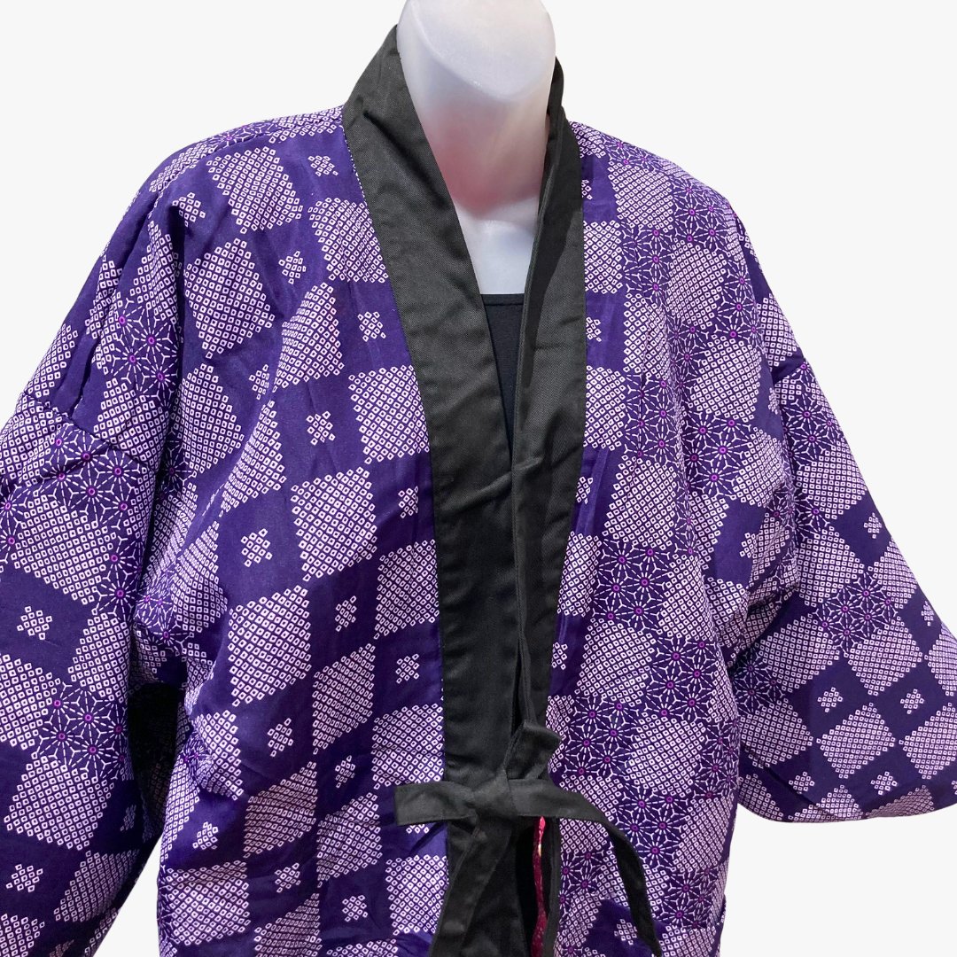 Traditional Japanese reversible Hanten coat - Purple square design and ...