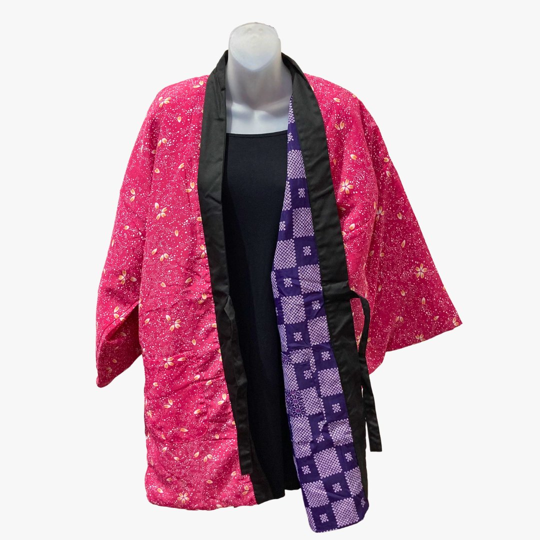 Traditional Japanese reversible Hanten coat - Purple square design and ...