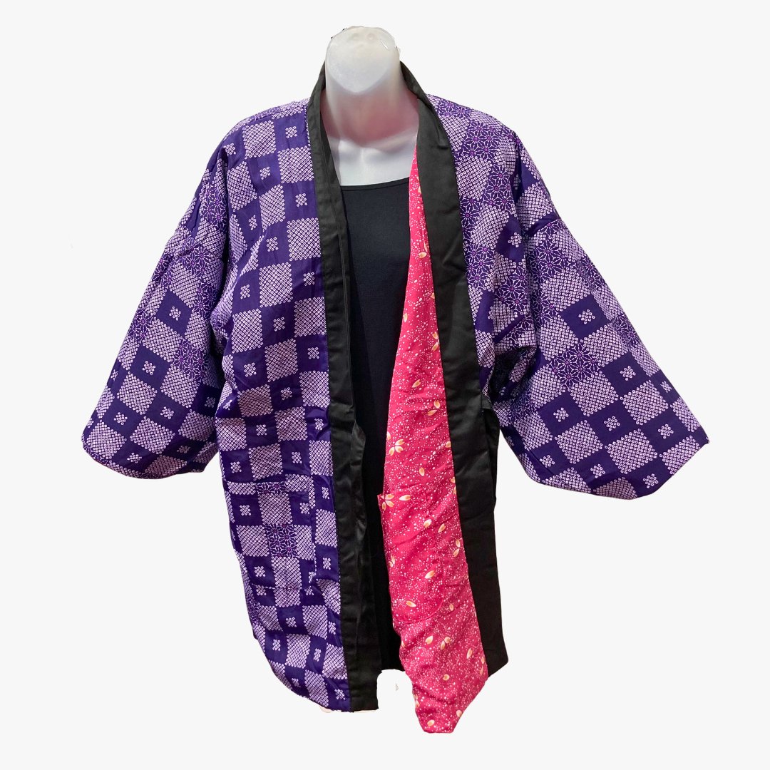 Traditional Japanese reversible Hanten coat - Purple square design and ...