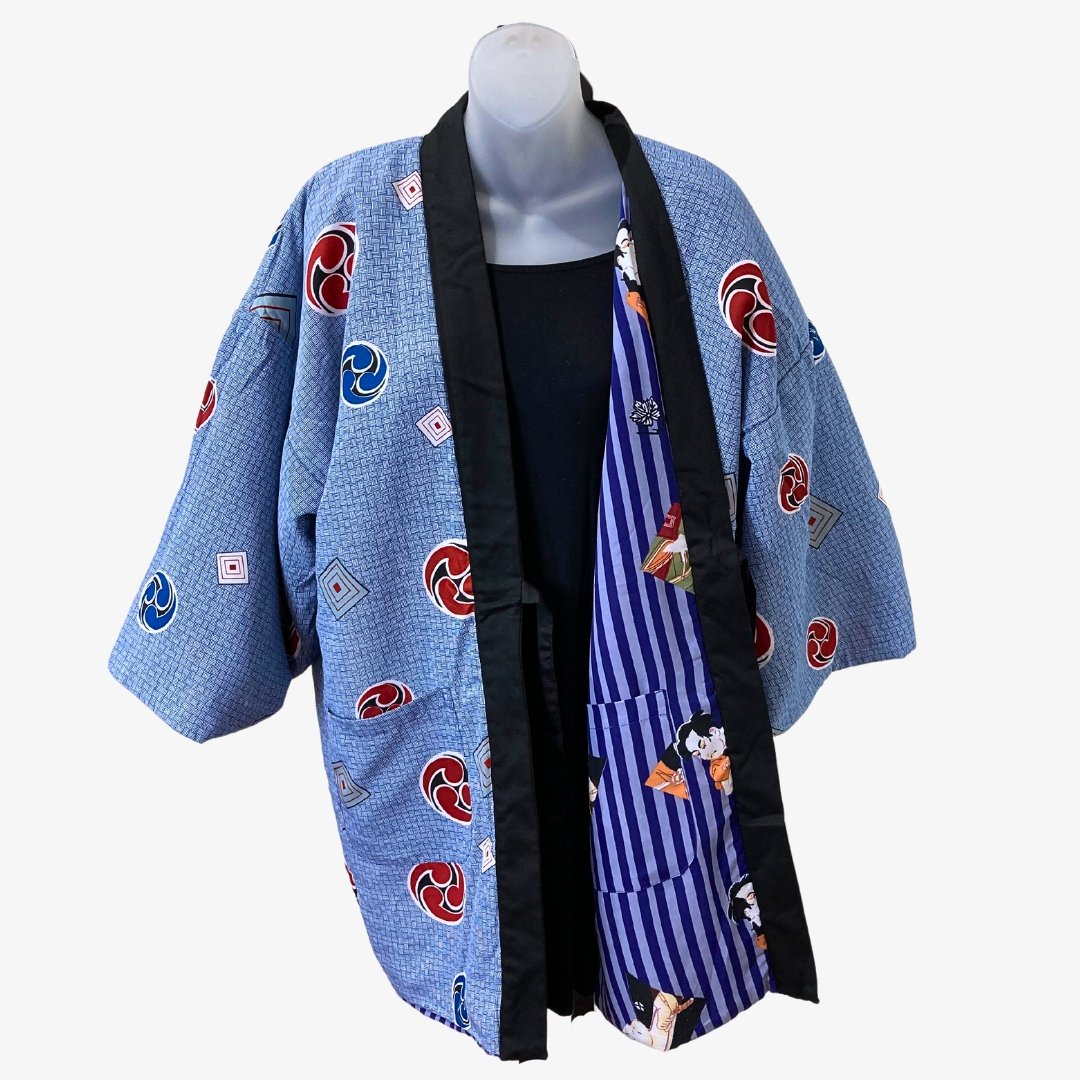 Traditional Japanese reversible Hanten coat (unisex) - Stripe kabuki p ...