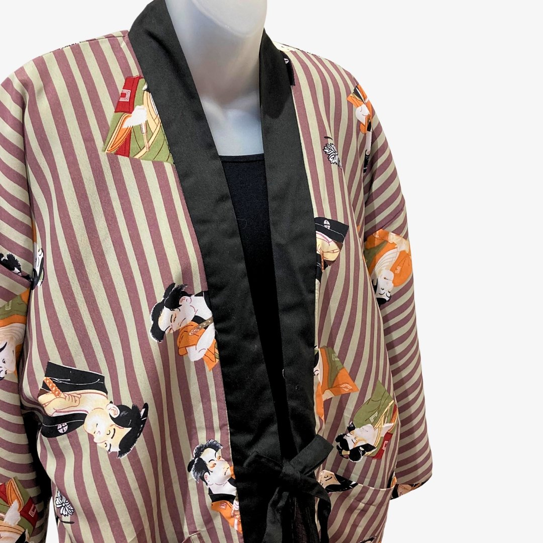 Traditional Japanese reversible Hanten coat (unisex) - Stripe kabuki p ...