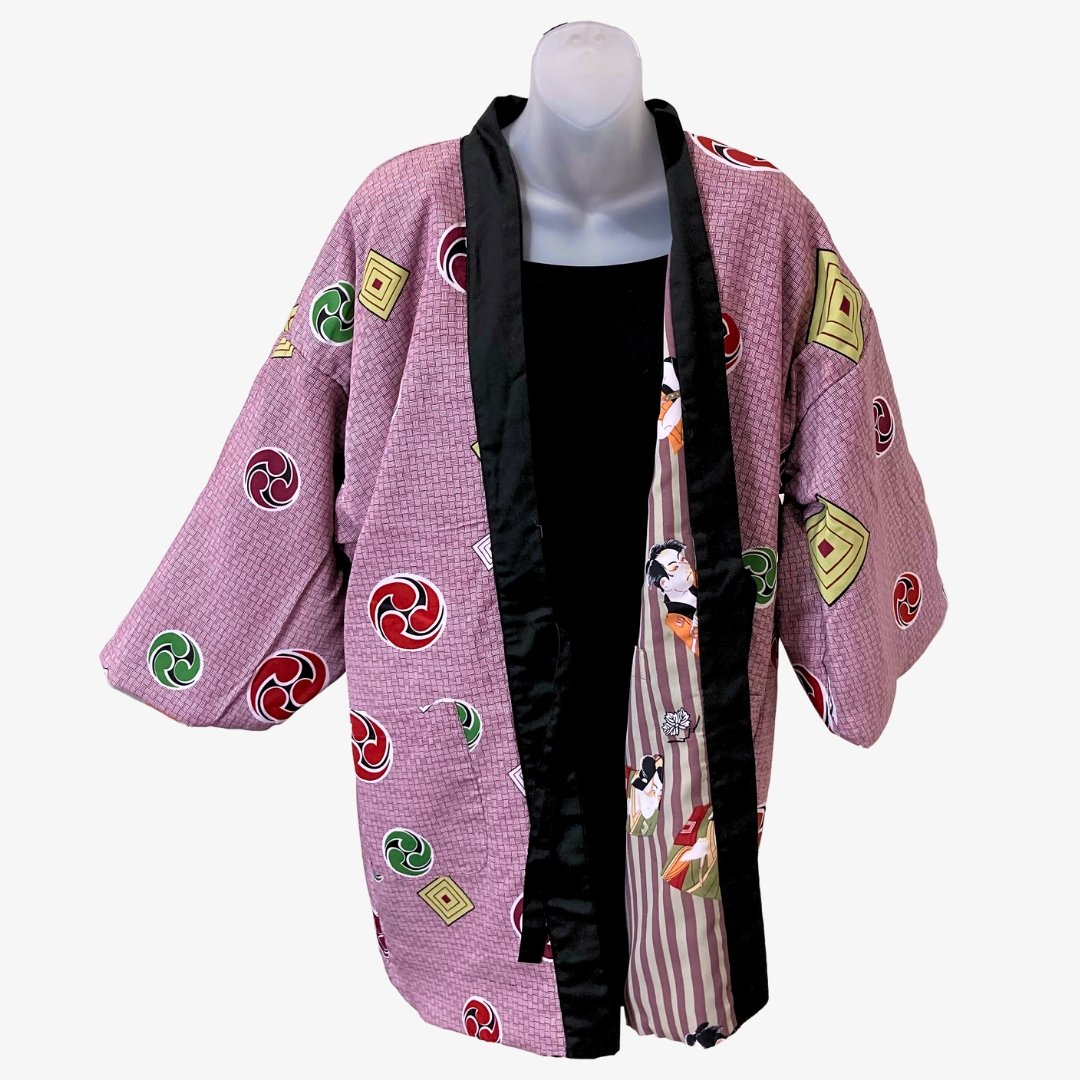 Traditional Japanese reversible Hanten coat (unisex) - Stripe kabuki p ...