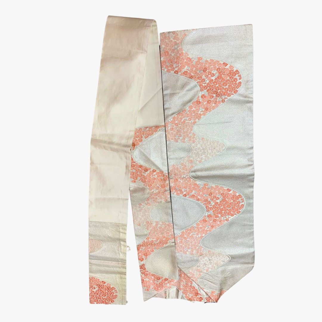 Vintage nagoya obi - Silver with sakura design | Pac West Kimono