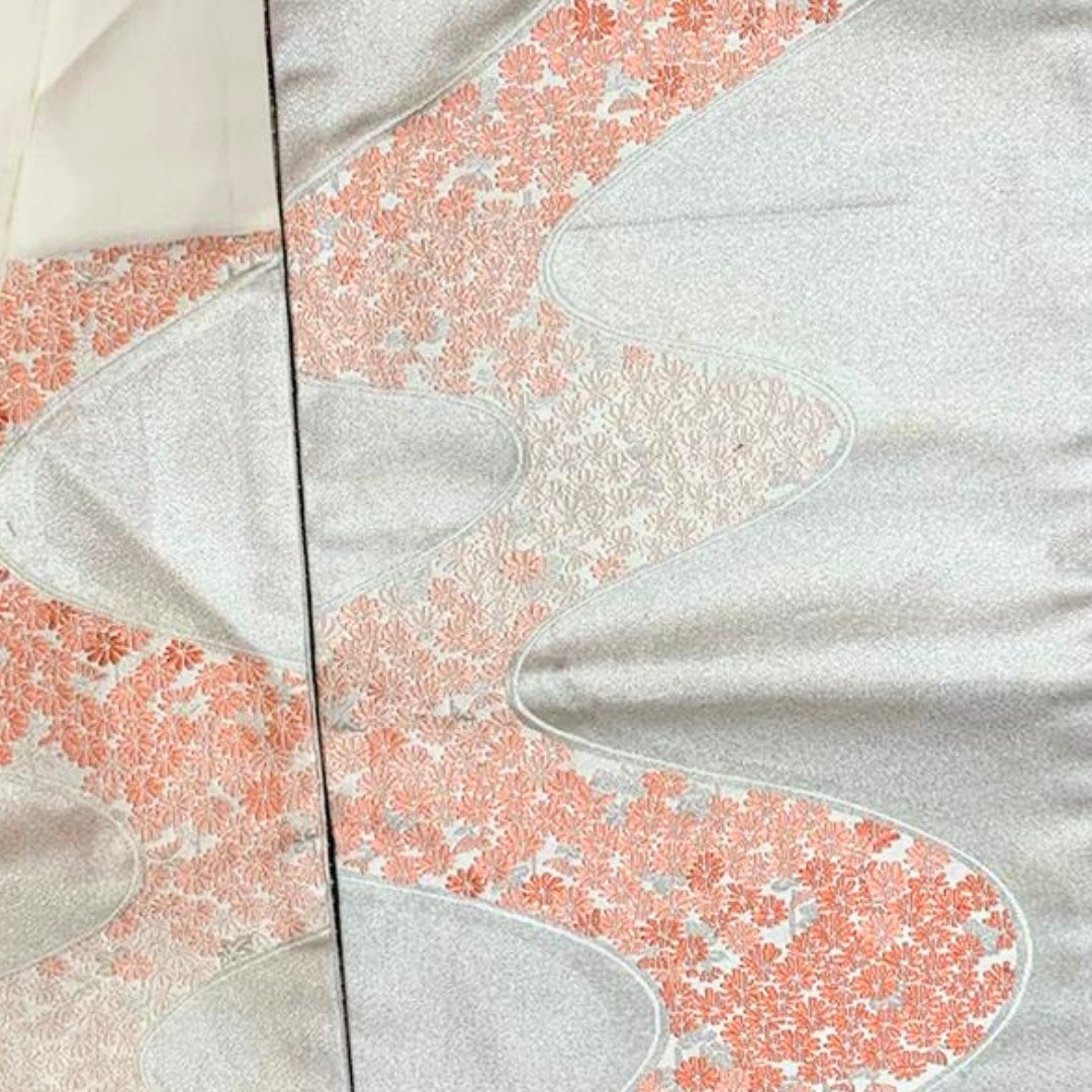 Vintage nagoya obi - Silver with sakura design | Pac West Kimono