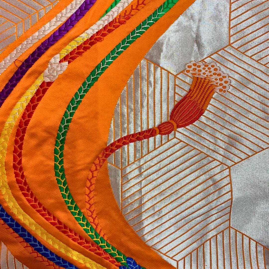 Vintage rokutsu fukuro obi - Orange and silver with obijime design ...