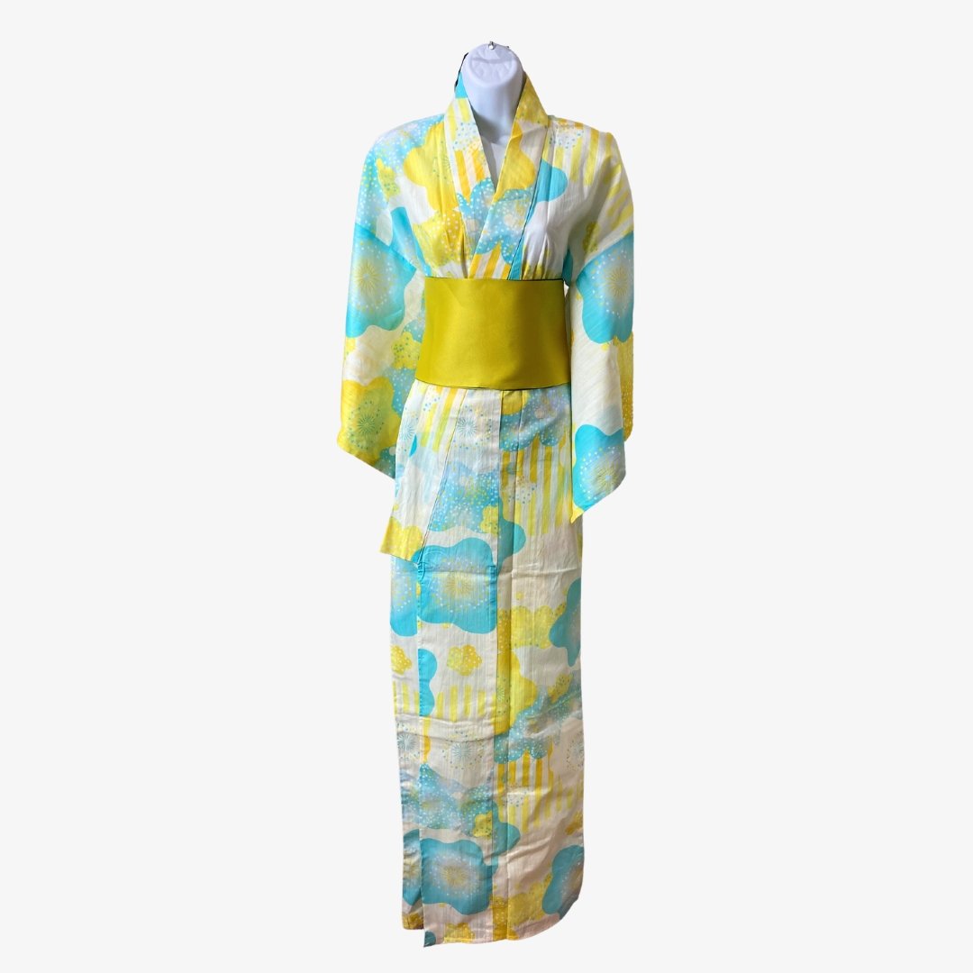 Women's Yukata Large - yellow and blue floral print | Pac West Kimono