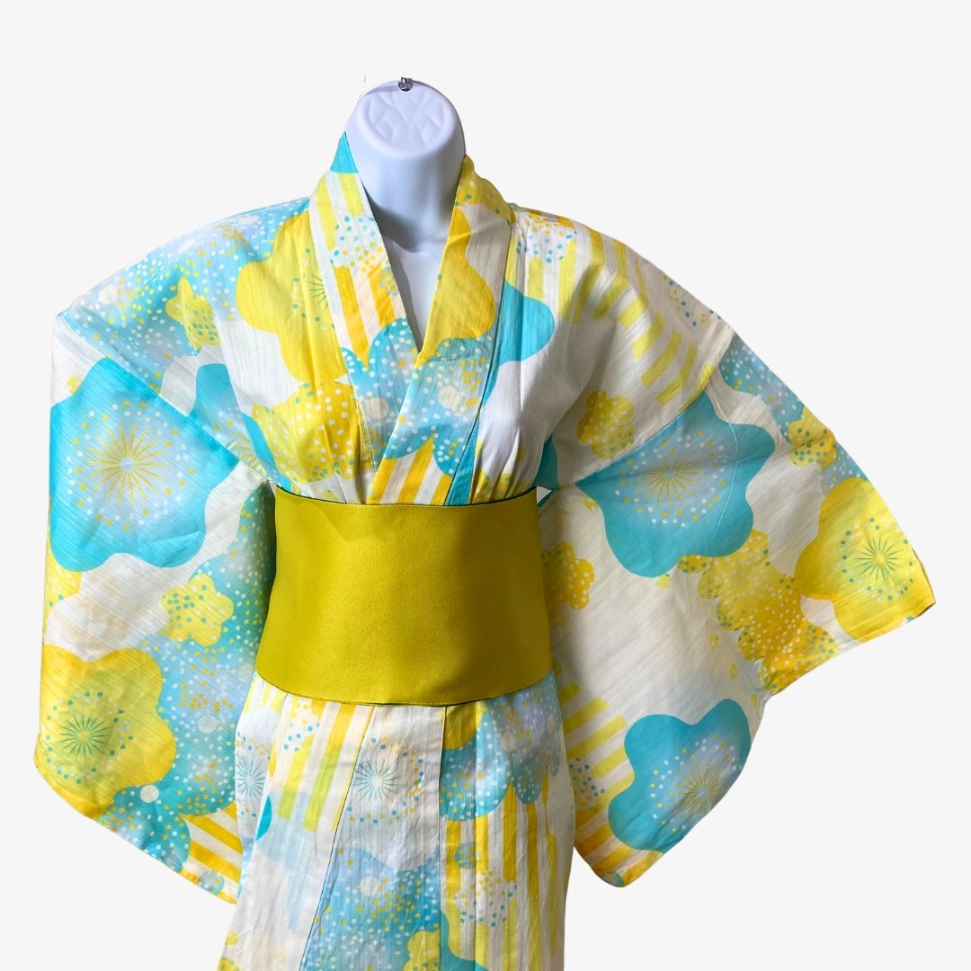 Women's Yukata Large - yellow and blue floral print | Pac West Kimono