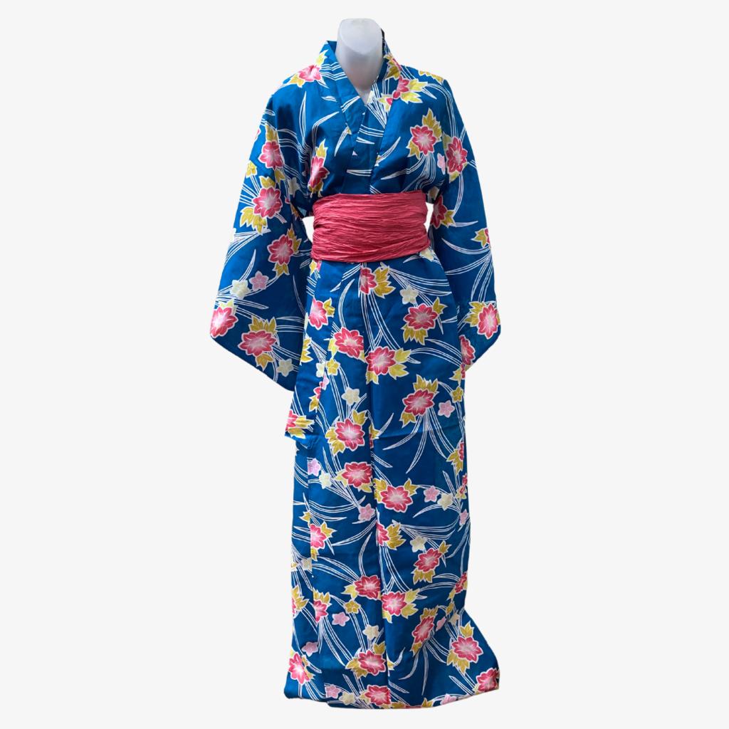 Women's Yukata XXL, XXXL - blue with pink, yellow and flowers print ...