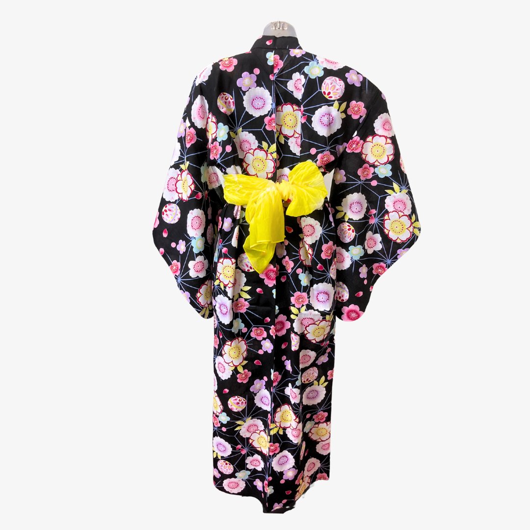 Yukata Girls - Black with floral and temari print | Pac West Kimono